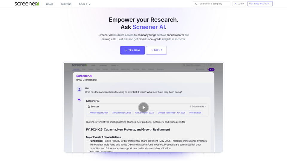 Screener AI | Instant Insights from Company Filings & Report...
